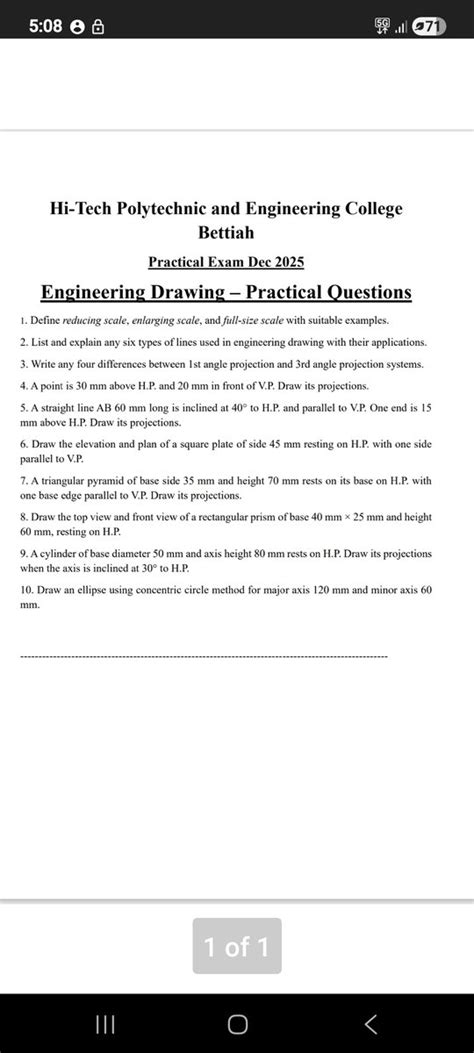 Engineering Drawing Questions Define Reducing Scale Enlarging Scale An