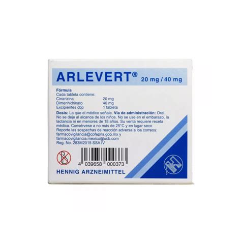 Arlevert 20mg40mg Con 20 Tabletas Cinarizina Dimenhidrinato