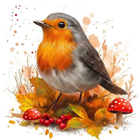 10 Robin Autumn Watercolor Clipart Printable High Quality Watercolor European Red Robin Bird