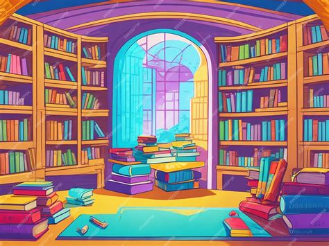 Premium Ai Image Book Library Cartoon Illustration
