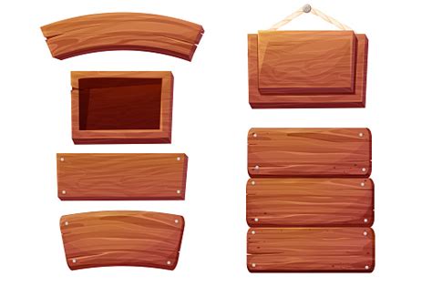 나무 타블렛 세트 질감 패널 로프 포인터가 있는 간판 흰색 배경에 격리된 만화 스타일 소박한 보드 널빤지 Ui 게임 자산 벡터 그림 0명에 대한 스톡 벡터 아트 및 기타