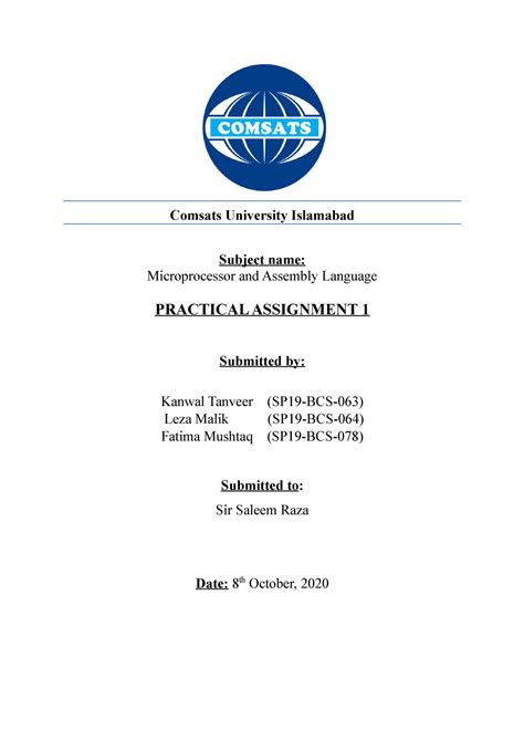 Assembly Language Code Comsats University Islamabad Subject Name