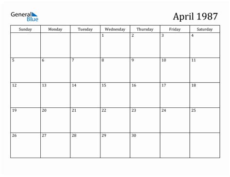 April 1987 Monthly Calendar Pdf Word Excel April 1987 Monthly Calendar Pdf Word Excel