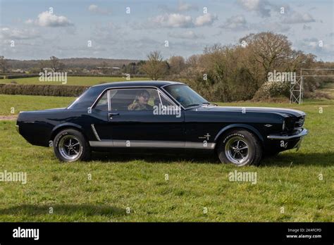 A Sideways View Of A 1965 47 Litre Ford Mustang Arriving To Be Parked On The Grass At A Meet Of