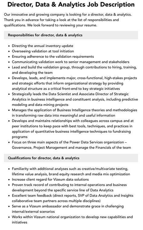 Director Data And Analytics Job Description Velvet Jobs