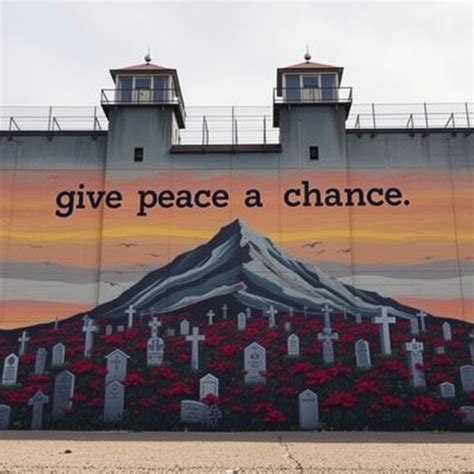 A Mural On A Large Prison Wall With Guard Towers Say