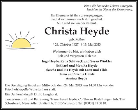 Traueranzeigen Von Christa Heyde Trauer Anzeigen De