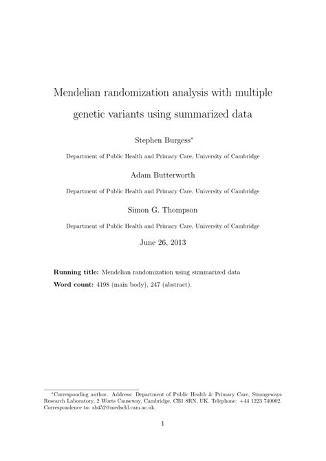 Pdf Mendelian Randomization Analysis With Multiple Genetic Variants