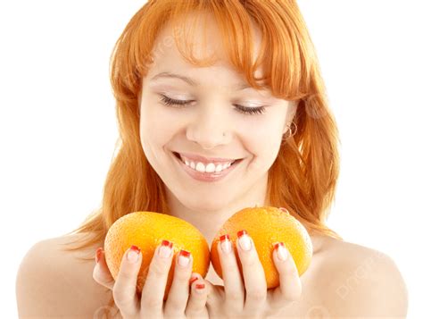 Cheerful Redhead Holding Two Oranges Over White Meal Lovely Lifestyle