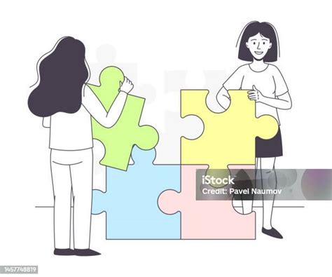 모자이크 조각을 함께 연결하는 직소 퍼즐을 조립하는 여자 벡터 일러스트 레이 션 기술에 대한 스톡 벡터 아트 및 기타 이미지