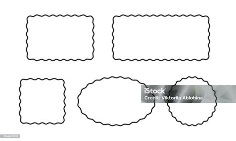 물결 모양의 가장자리가 있는 직사각형 정사각형 타원형 및 원형 프레임 세트입니다 주름 장식이 있는 단순한 기하학적 형태 빈 텍스트 상자 태그 또는 레이블이 흰색 배경에
