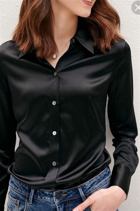 РУБАШКА ЖЕНСКАЯ Black Silk Shirt Black Satin Shirt Silk Shirt Outfit