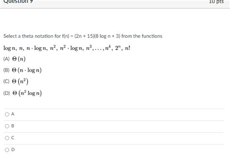solved question 9 10 pts select a theta notation for f n