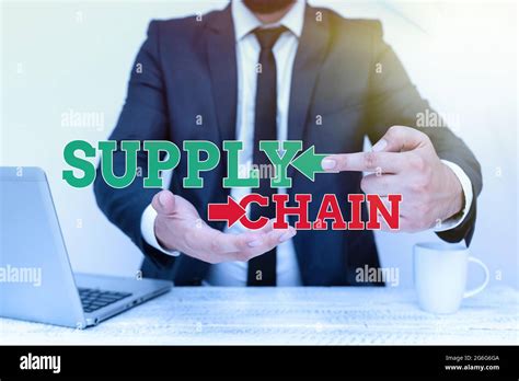 Hand Writing Sign Supply Chain Word Written On System Of Organization And Processes From