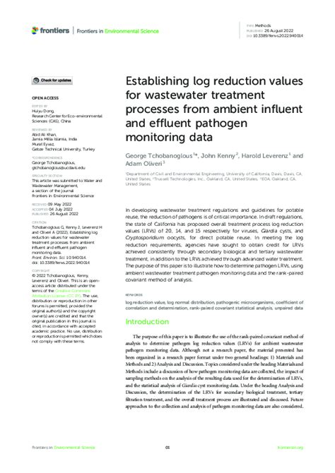 Pdf Establishing Log Reduction Values For Wastewater Treatment