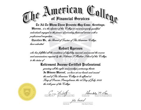 Robert M Ryerson Recently Earned Retirement Income Certified