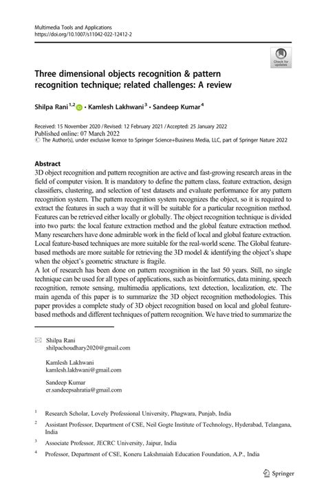 PDF Three Dimensional Objects Recognition Pattern Recognition Technique Related Challenges