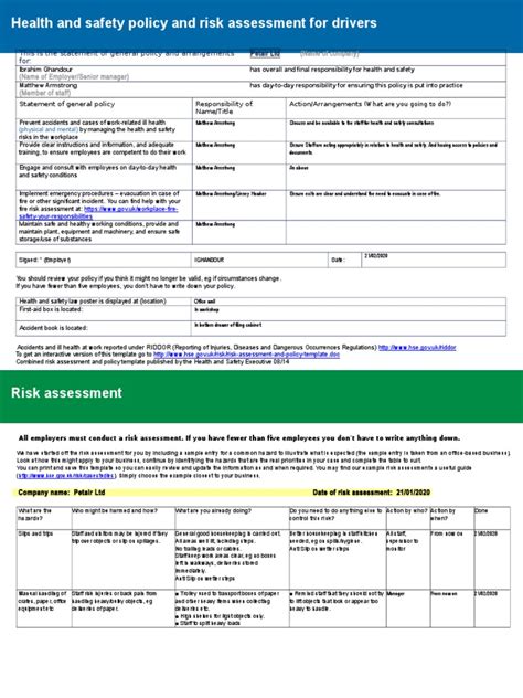 Risk Assessment And Policy Template Drivers Pdf Occupational Safety