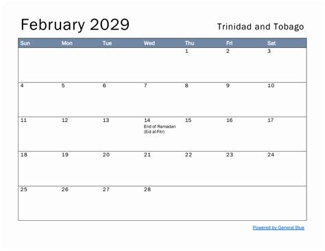 Free Monthly Calendar Template For February 2029 With Trinidad And