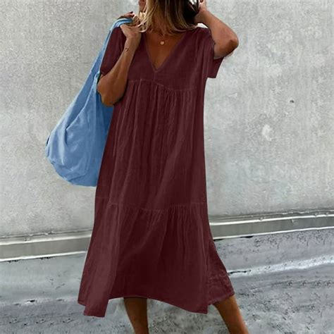Lolmot Womens Summer Dresses Cotton Linen Fashion Casual Loose V Neck