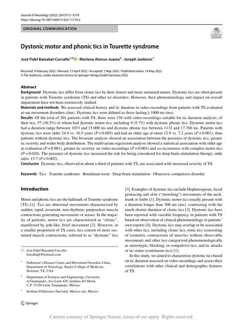 Dystonic Motor And Phonic Tics In Tourette Syndrome Request Pdf