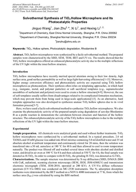 Solvothermal Synthesis Of Tio2 Hollow Microsphere And Its Photocatalytic Properties Scientific Net