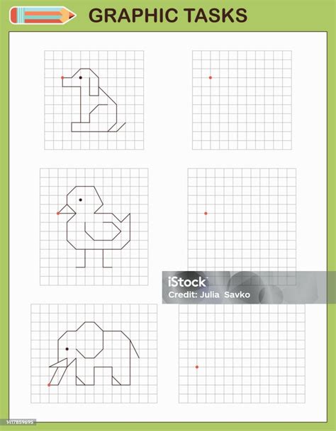 그래픽 받아쓰기 미취학 아동을위한 교육 게임 논리 및 운동 기술을 연습하기위한 워크 시트 어린이를위한 게임 다른 개체와 요소가 있는 그래픽 작업입니다 벡터 일러스트 레이 션