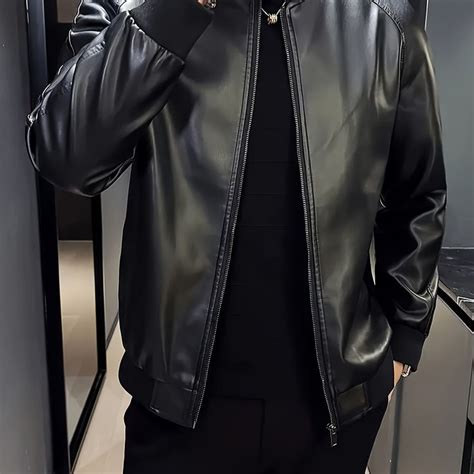 Temu｜mens Casual Faux Leather Jacket Zip Up Baseball Collar With