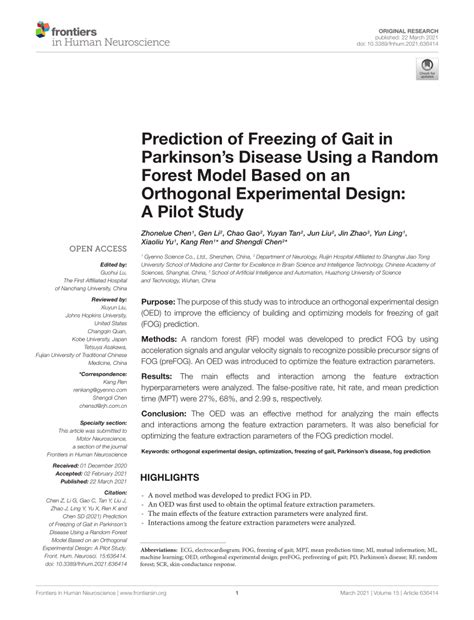 Pdf Prediction Of Freezing Of Gait In Parkinsons Disease Using A Random Forest Model Based On