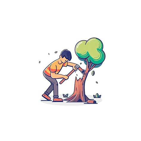 Premium Psd A Man Is Depicted Cutting A Tree Cartoon Illustration