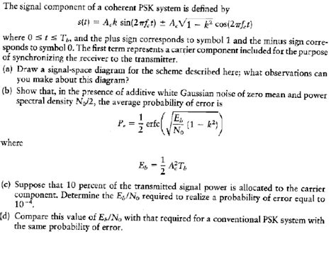 Solved The Signal Component Of A Coherent Psk System Is