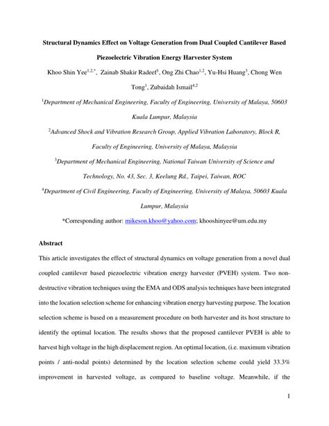 Pdf Structural Dynamics Effect On Voltage Generation From Dual Coupled Cantilever Based
