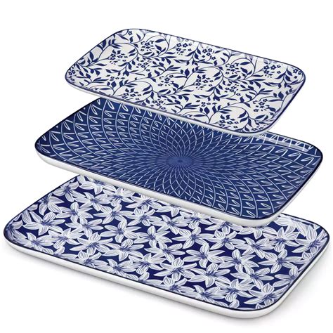 Selene Porcelain Serving Platters Set Of 3 Indigo Patterned Trays