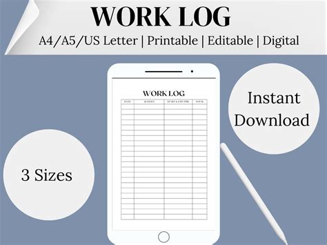 Editable Work Log Work Log Printable Working Hours Log Instant Download A4 A5 Letter Pdf Work