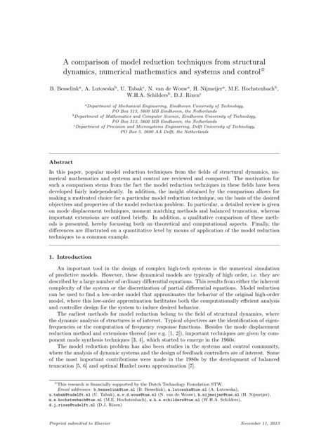 Pdf A Comparison Of Model Reduction Techniques From Structural Hochstenpdfcompmorpdf