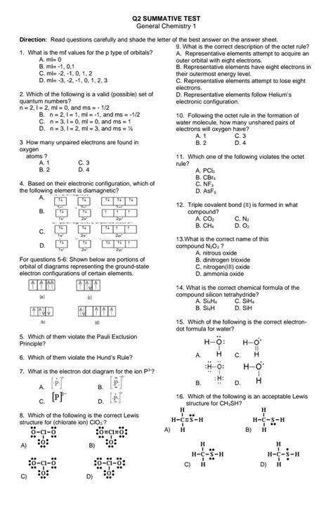Q2 Summative Test General Chemistry 1 Direction Read Questions Carefully And Shade The Letter
