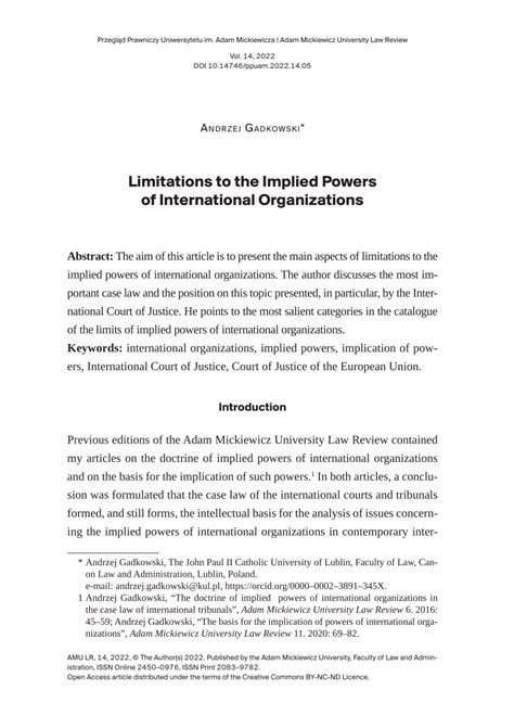 Pdf Limitations To The Implied Powers Of International Organizations