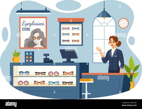 Vector Illustration Of An Eyeglasses Store Or Optical Shop Featuring