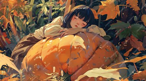 Premium Photo Anime Girl Sleeping On A Giant Pumpkin In Autumn