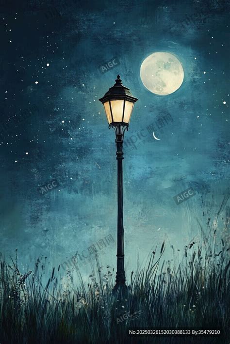 Ai创作图月夜 路灯 月亮 星星 草地 夜空 宁静 梦幻 氛围 光影 景色 夜晚 诗意 唯美 静谧 昵图网