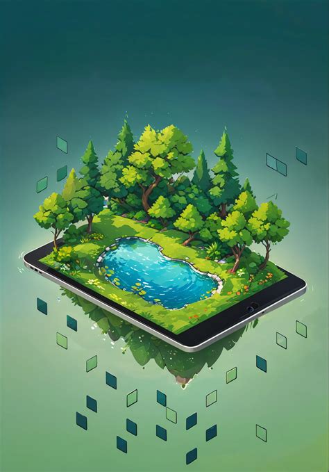 A Close Up Of A Tablet With A Pond And Trees On It Seaart Ai