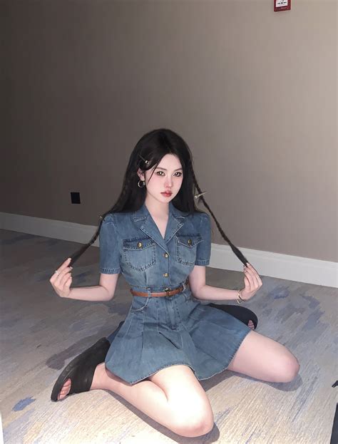 페미닌 플리츠 데님 원피스 V 브이 넥 포켓 포인트 금장 버튼 레트로 빈티지 하이틴 반팔 하프 소매 하이 웨스트 미니 숏 짧은 A 라인 플레어 테니스 스커트 치마 드레스