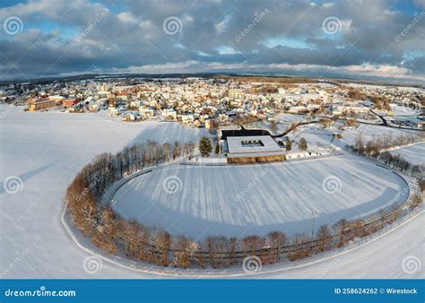 Bird S Eye View Of A Soccer Stadium With The Beautiful City Of Wiesau