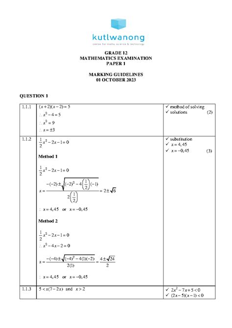 Grade 12 Mathematics Paper 1 Memo 01 Oct 2023 Grade 1 2 Mathematics