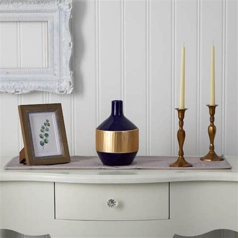 Nearly Natural 9 In Lux Blue Ceramic Vase With Gold Band 0749 S1 The