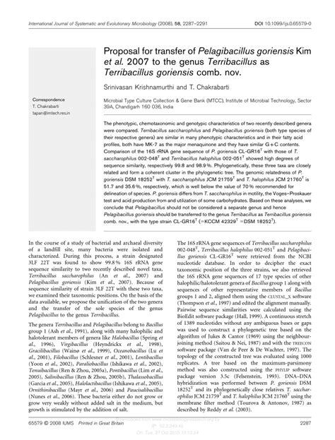 Pdf Proposal For Transfer Of Pelagibacillus Goriensis Kim Et Al 2007
