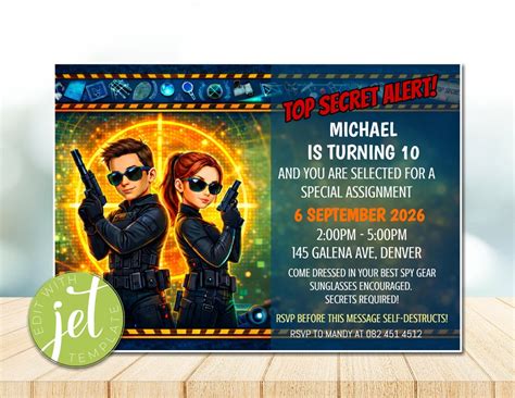 Spy Birthday Party Invitation Template Editable Secret Agent Invite