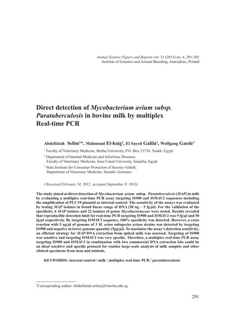 Pdf Direct Detection Of Mycobacterium Avium Subsp Paratuberculosis In Bovine Milk By