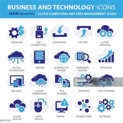 기술 클라우드 컴퓨팅 및 데이터 관리 아이콘 세트 모바일 컴퓨팅 연결 클라우드 및 네트워킹 아이콘 세트 아이콘 벡터 컬렉션 네트워크 서버에 대한 스톡 벡터 아트 및 기타