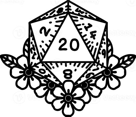 Black And White Tattoo Linework Style Natural 20 D20 Dice Roll With